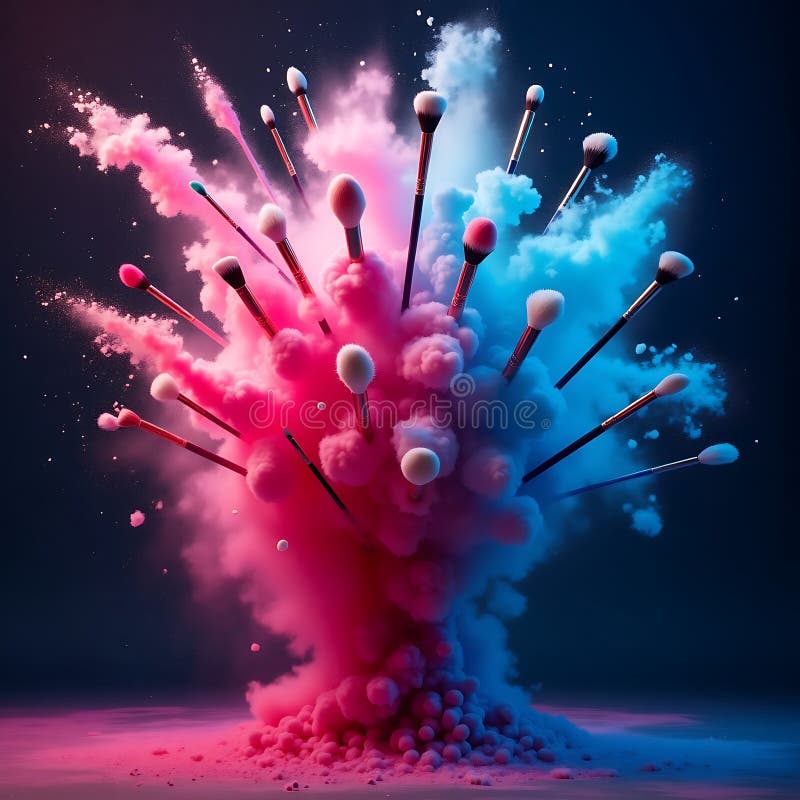 Dynamic Makeup Explosion Featuring Assorted Brushes Bursting through ...