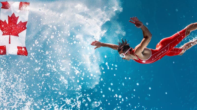 Dynamic Male Diver Mid-Air Dive at 10m Platform Representing Canada ...