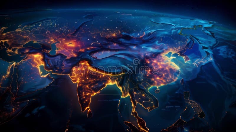 A Dynamic Visualization of a World Map in Blue and Red Hues on a Black ...