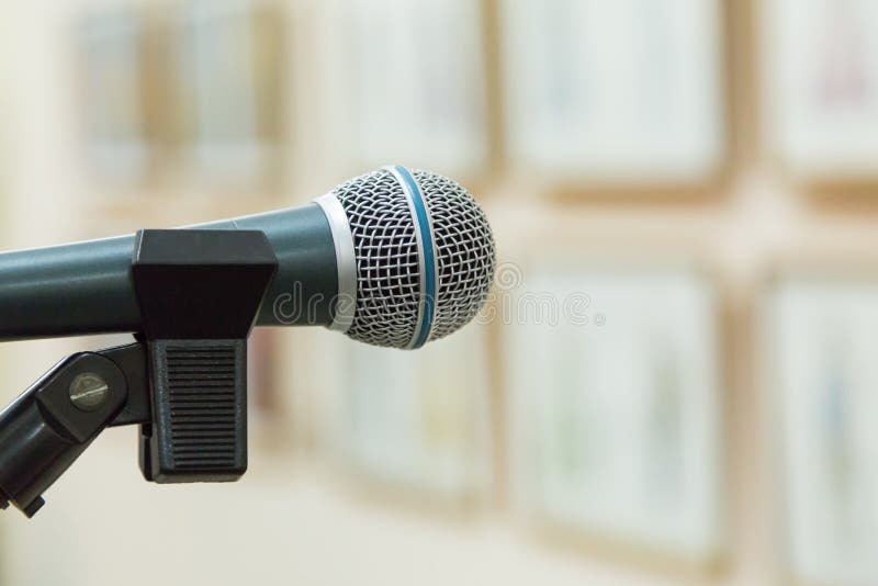 Dynamic Microphone at the Event. Exhibition Hall, Paintings on the ...