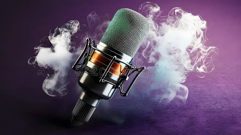 Dynamic Microphone with Smoke on Purple Background Stock Illustration ...