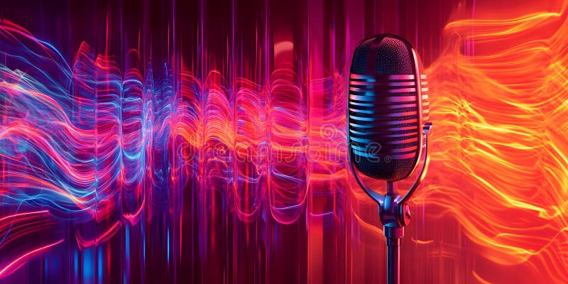 Dynamic Microphone Surrounded by Vibrant Sound Waves Stock Illustration ...