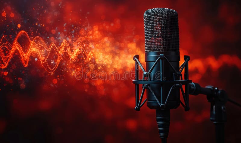 Dynamic Microphone with Vibrant Sound Waves in Red Background for Audio ...