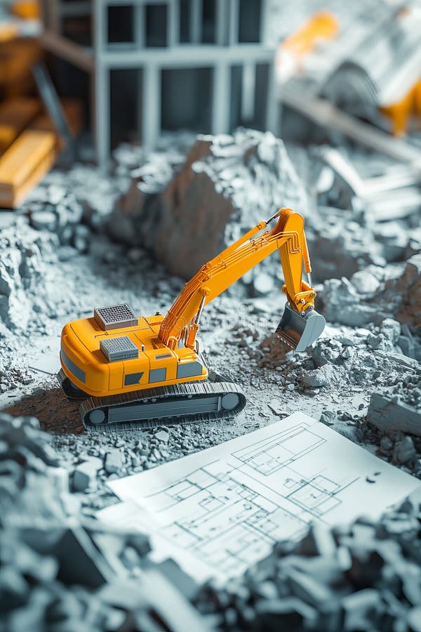 Dynamic Miniature Construction Site with Yellow Excavator and ...