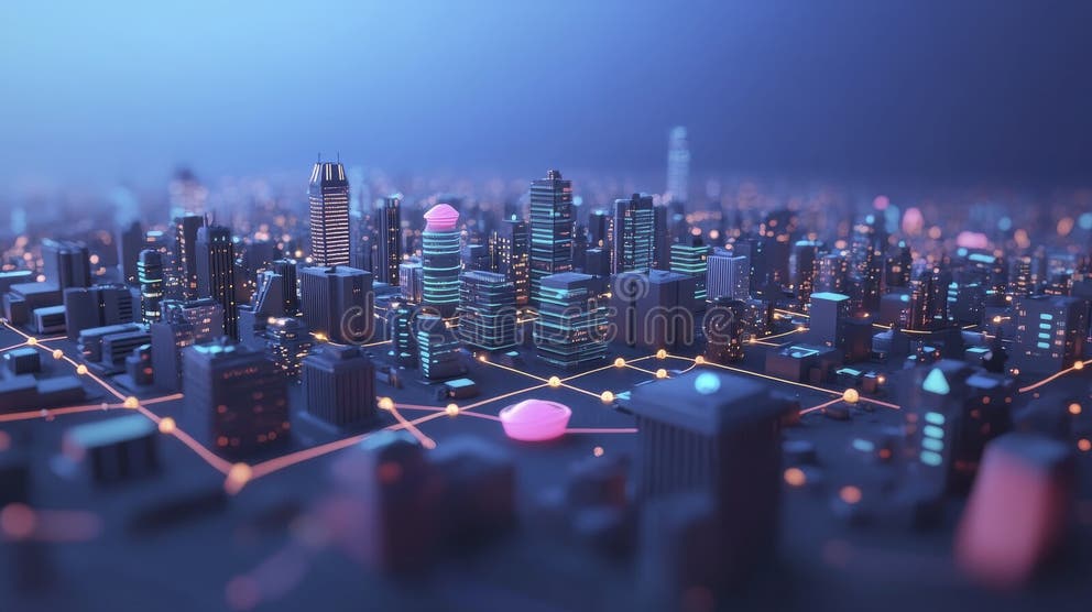 Smart City Model Illuminated by Digital Network Grid Stock Illustration ...