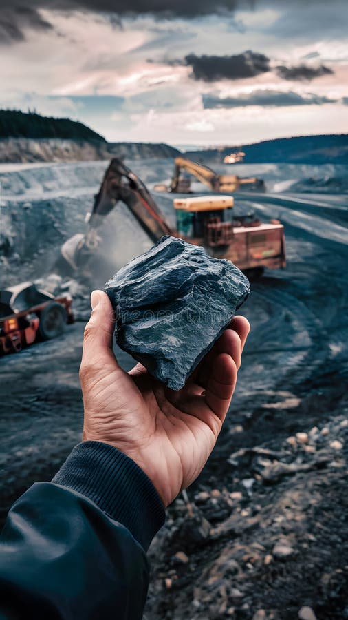 Dynamic Mining Scene with Hand Holding Rock, Heavy Machinery and ...