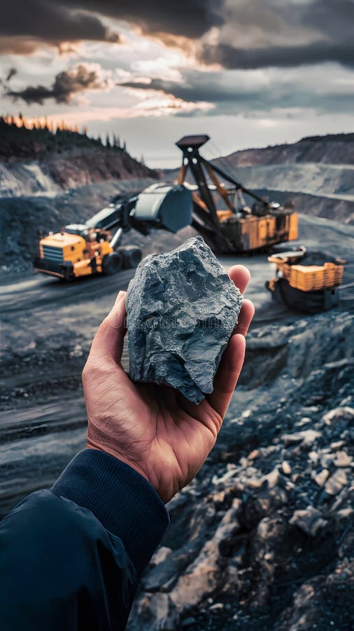 Dynamic Mining Scene with Hand Holding Rock, Heavy Machinery and ...