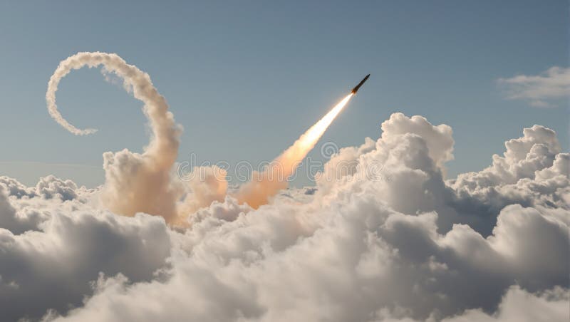 Dynamic Missile Launch through White Clouds Vibrant Orange Exhaust ...