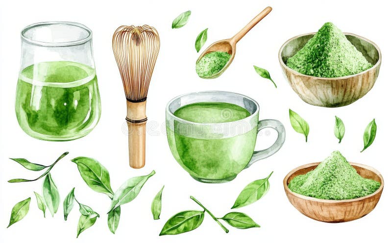 A Dynamic Mix of Matcha Tea Elements, Such As a Whisk, Leaves, and ...