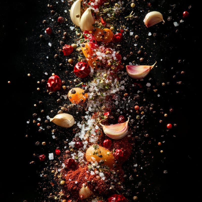 Dynamic Mix of Spices and Ingredients Against a Black Background Stock ...