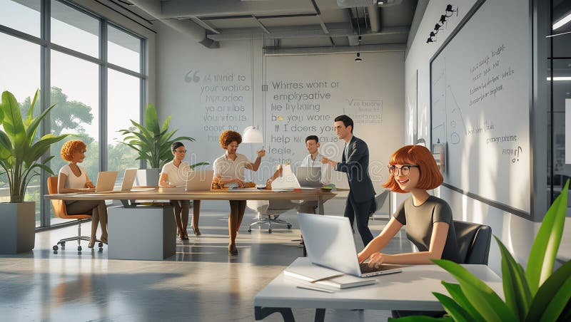 Collaborative Team Working in Modern Office with Laptops and Greenery ...