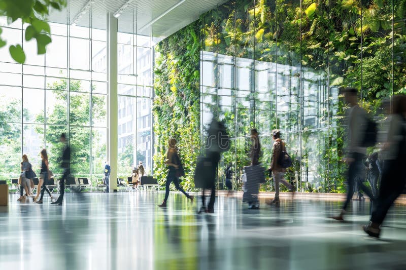 Dynamic Modern Office Lobby with Motion Blur, Lush Greenery, and Eco ...