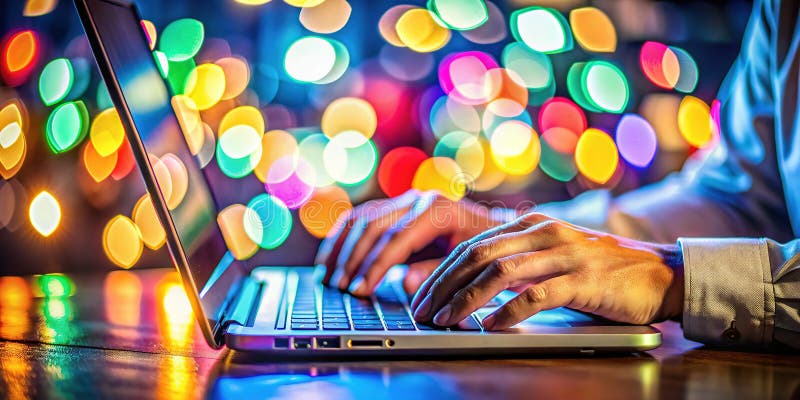 Dynamic Modern Workspace Hands Typing on Laptop with Vibrant Lighting ...