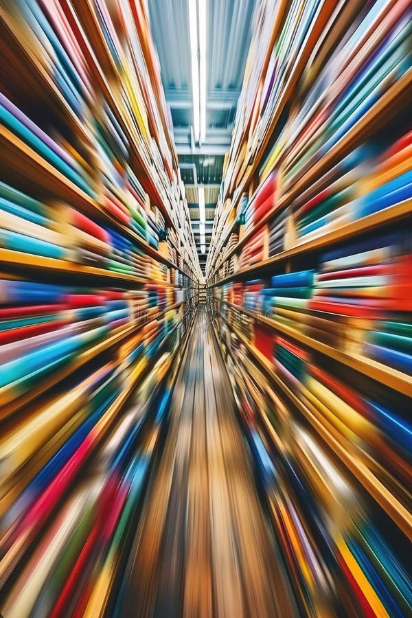 Dynamic Motion Blur Effect through Colorful Library Shelves. Stock ...