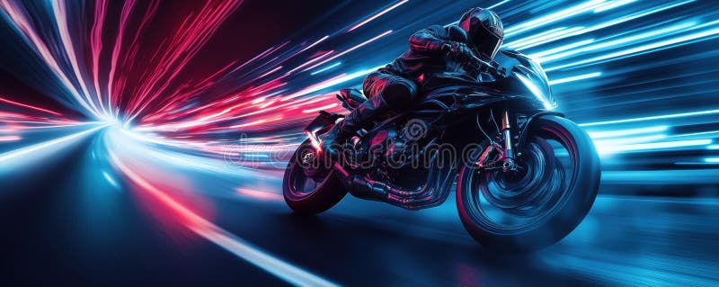 Dynamic Motorcycle Ride through Neon Light Trails Showcasing Speed and ...