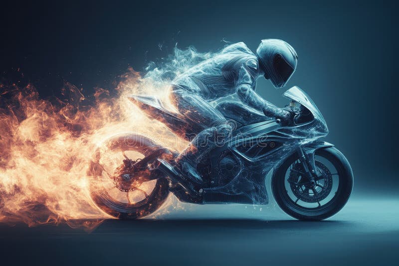 Dynamic Motorcycle Rider Captured in a Swirl of Smoke and Flames during ...
