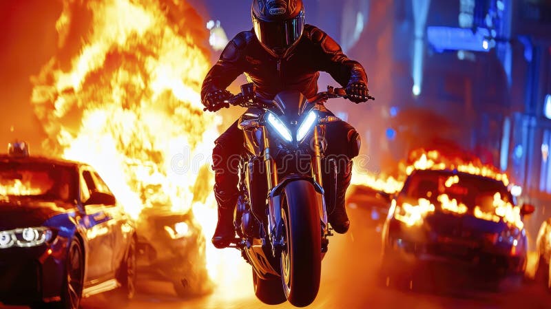 Dynamic Motorcycle Rider Executing Stunt Amid Explosive Fire Scene ...