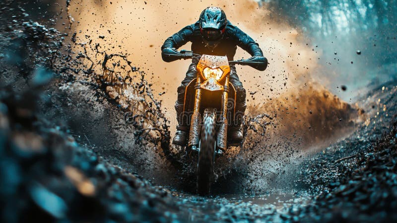 Dynamic Motorcycle Rider Splashing through Muddy Trail Adventure Stock ...