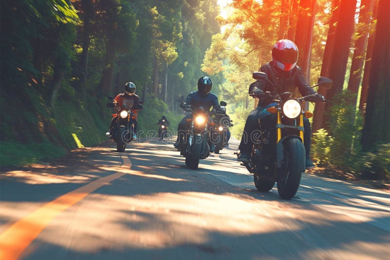 Dynamic Motorcycle Squad Speeds Along a Forested Road, Creating ...