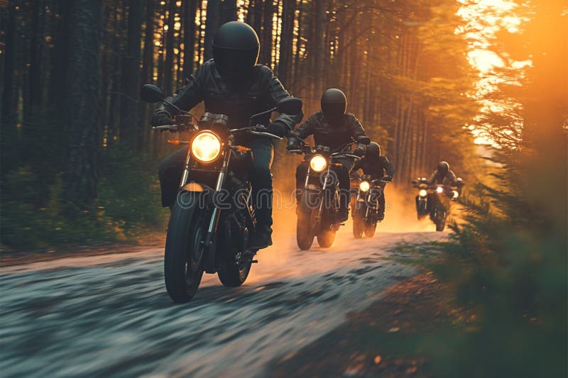 Dynamic Motorcycle Squad Speeds Along a Forested Road, Creating ...