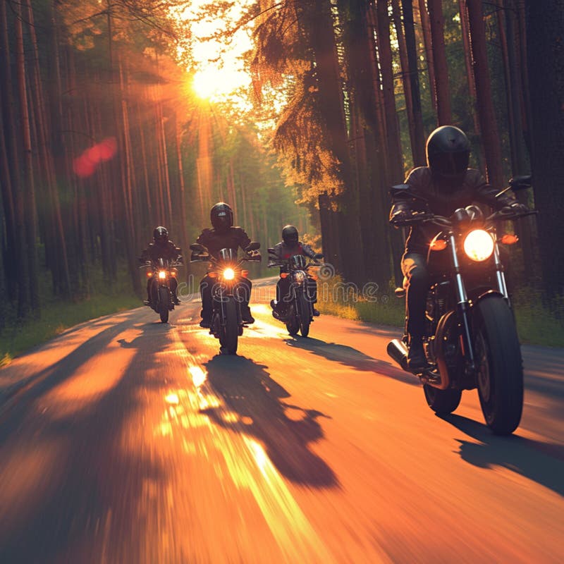 Dynamic Motorcycle Squad Speeds Along a Forested Road, Creating ...