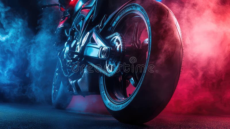 Dynamic Motorcycle Wheel with Red and Blue Smoke on Dark Background ...