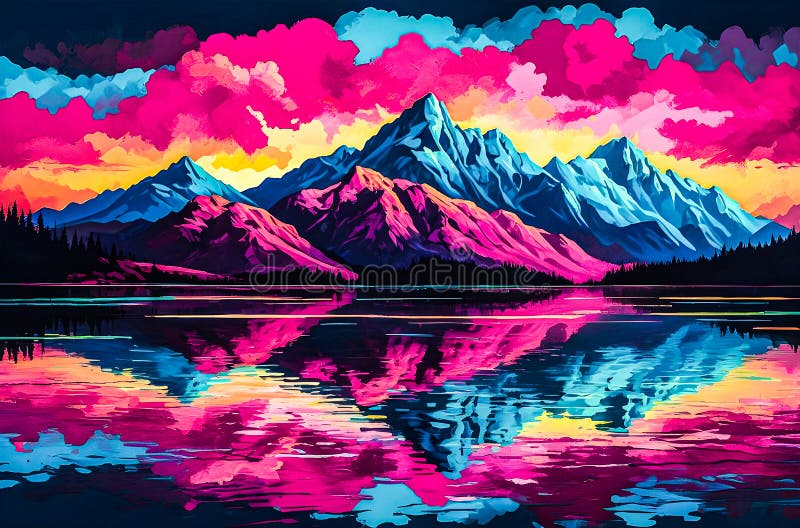 Dynamic Mountain Art with Sunset and Reflective Waters Stock ...
