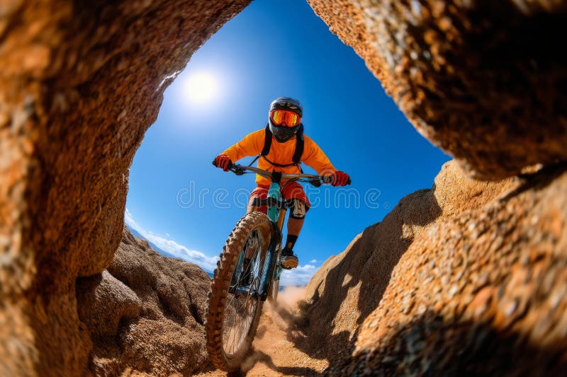 Dynamic Mountain Biking Shot from Crevice Perspective with Dramatic ...