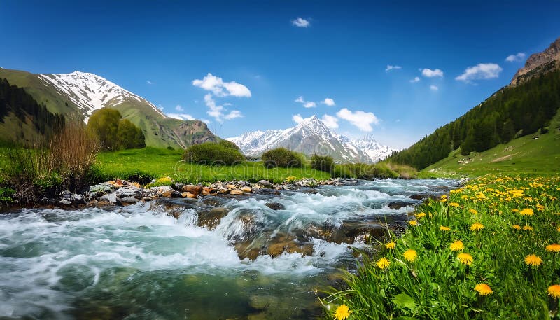 Dynamic Mountain River with Spring Snowmelt Rushing through a Vibrant ...