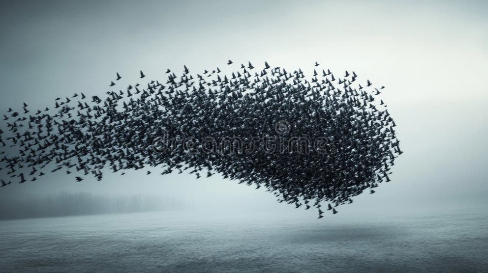 Dynamic Murmuration of Birds in Foggy Field Stock Illustration ...