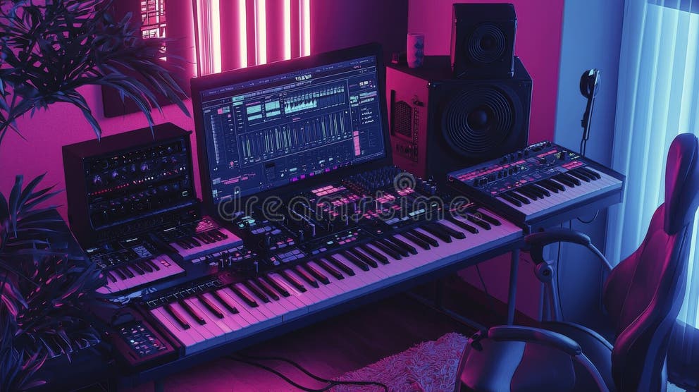 Dynamic Music Studio Setup with Synthesizer and Mixing Board Home Environment Creative Workspace ...