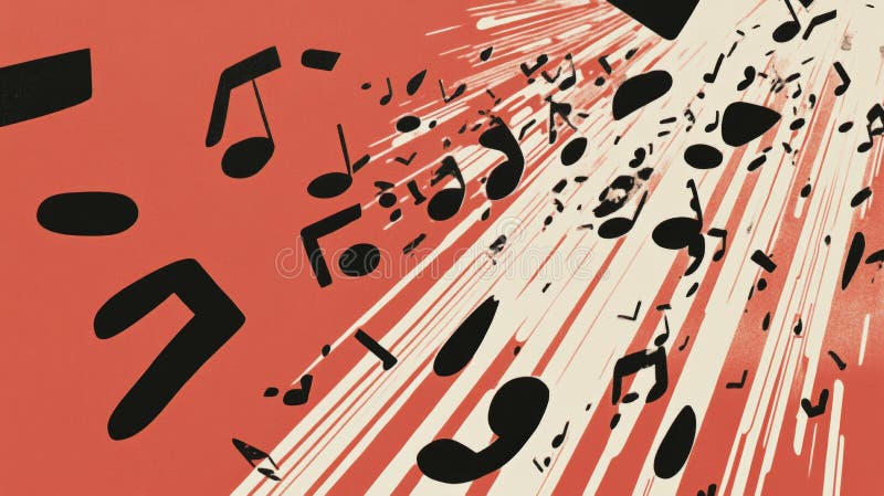 Dynamic Musical Notes Explosion on Red Background Stock Illustration ...