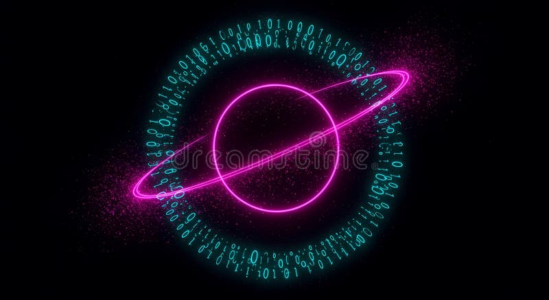 Dynamic Neon Binary Code Ring Orbiting a Glowing Planet in a Cosmic, Futuristic Design Stock ...