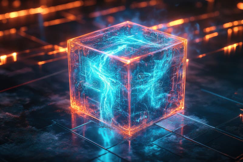 Dynamic Neon Cube with Electric Energy Futuristic Lab 3d Rendering Dark ...