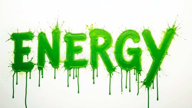 Dynamic Neon Green Energy Word Splashed on White Wall with Dripping ...