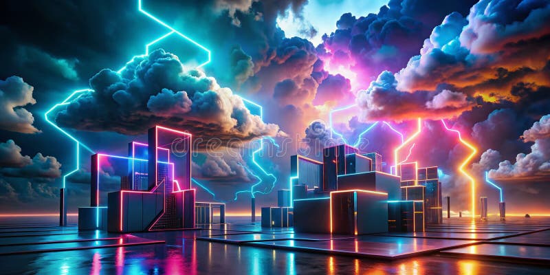 Dynamic Neon Lightning Storm Illuminates Futuristic Architecture in a ...