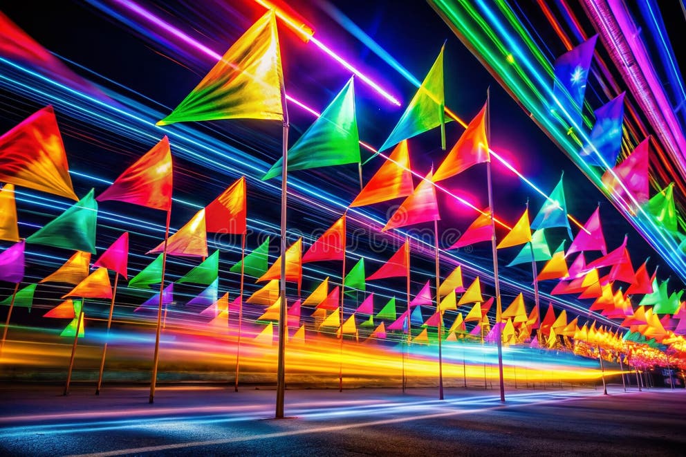 Dynamic Neon Lights Dance with Triangular Flags in a Powerful Wind a ...