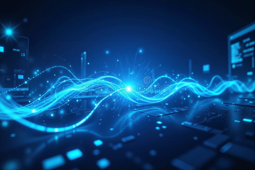 A Dynamic Neon-lit Data Stream Forming Curved Wave-like Patterns in a ...