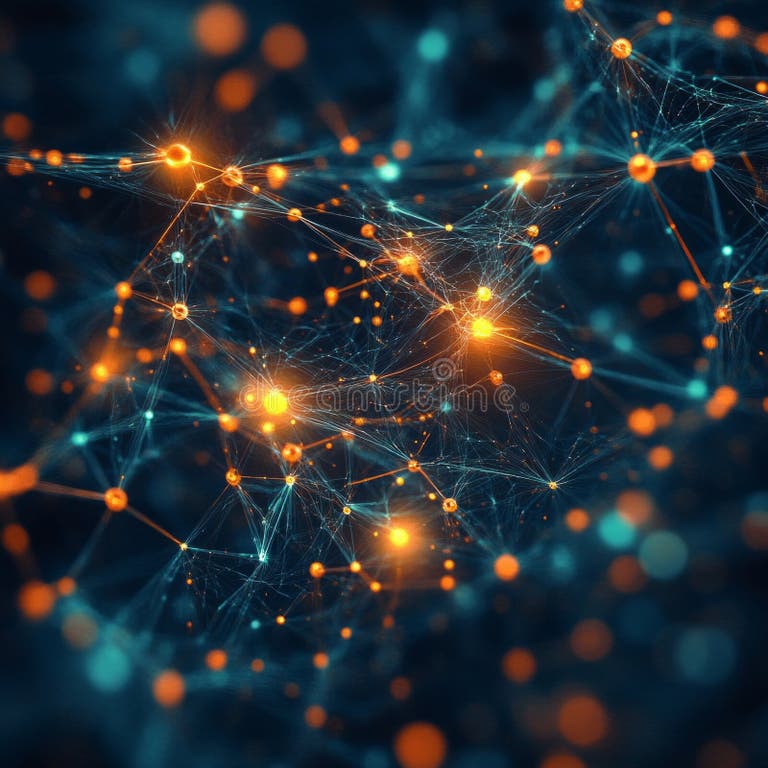 Dynamic Network of Glowing Orange and Blue Nodes Illustrating Complex ...