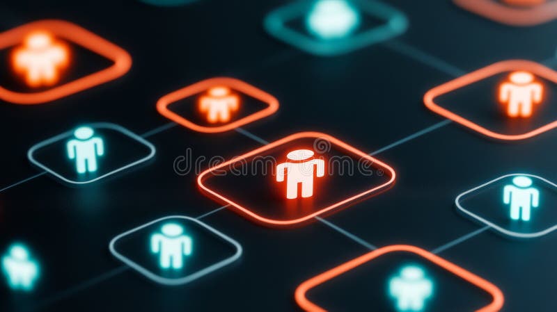 Dynamic Network of Interconnected Human Icons with Glowing Red and Blue ...