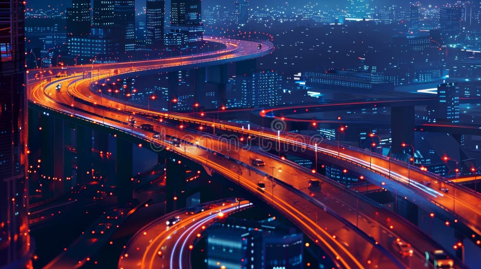 Dynamic Night Cityscape with Expressway Traffic Over Bustling ...