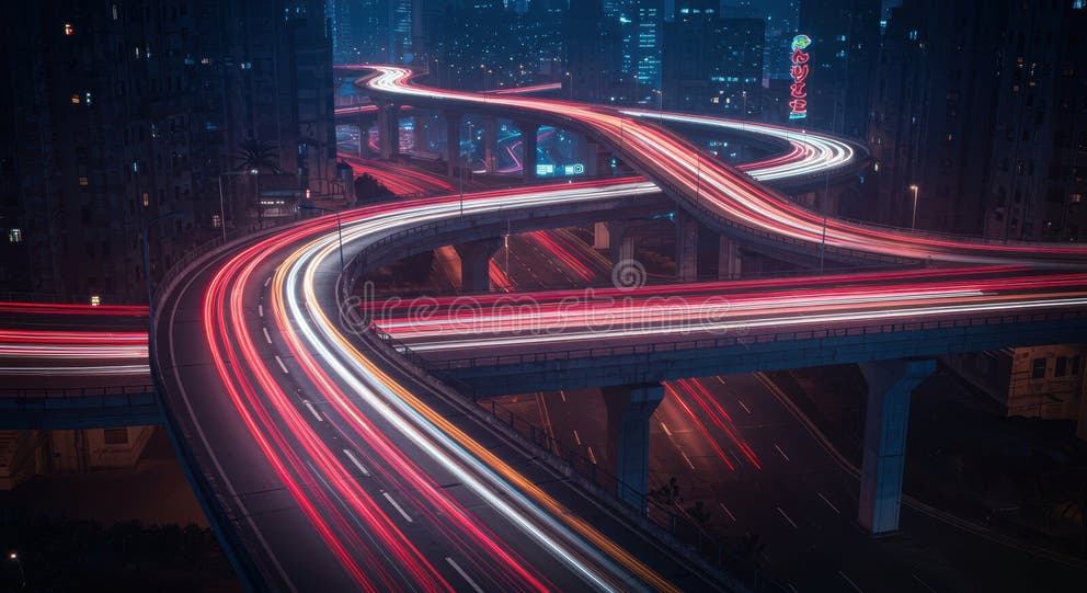 Dynamic Night Cityscape with Illuminated Overpasses and Light Trails ...