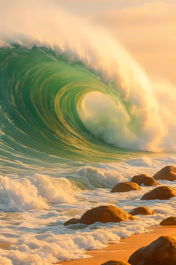 A Dynamic Ocean, with Large Curling Waves, Cresting and Breaking, White ...