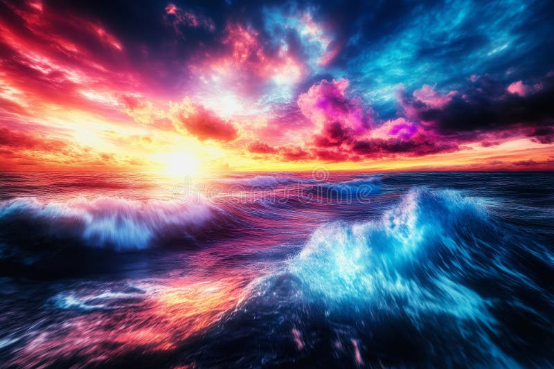 Dynamic Ocean Scene with Vibrant Sunset, Swirling Clouds, and Crashing ...