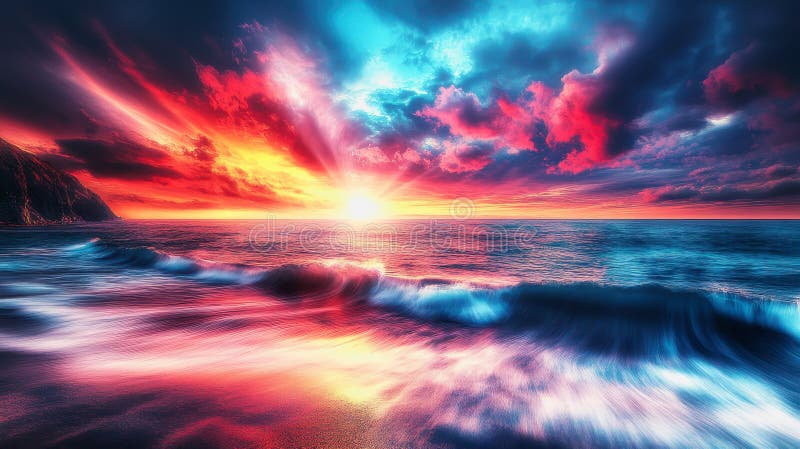 Dynamic Ocean Scene with Vibrant Sunset, Swirling Clouds, and Crashing ...