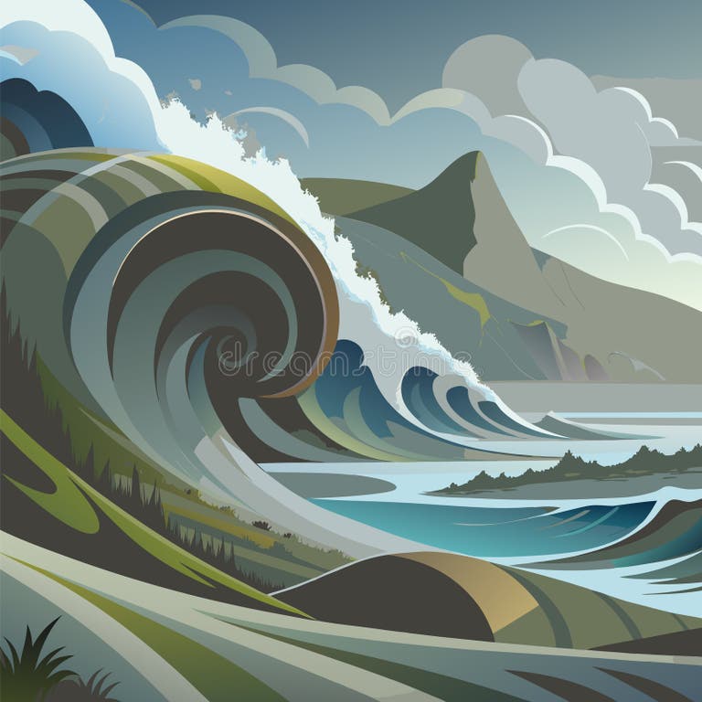 Dynamic Ocean Wave Approaching the Shoreline with Majestic Mountains ...