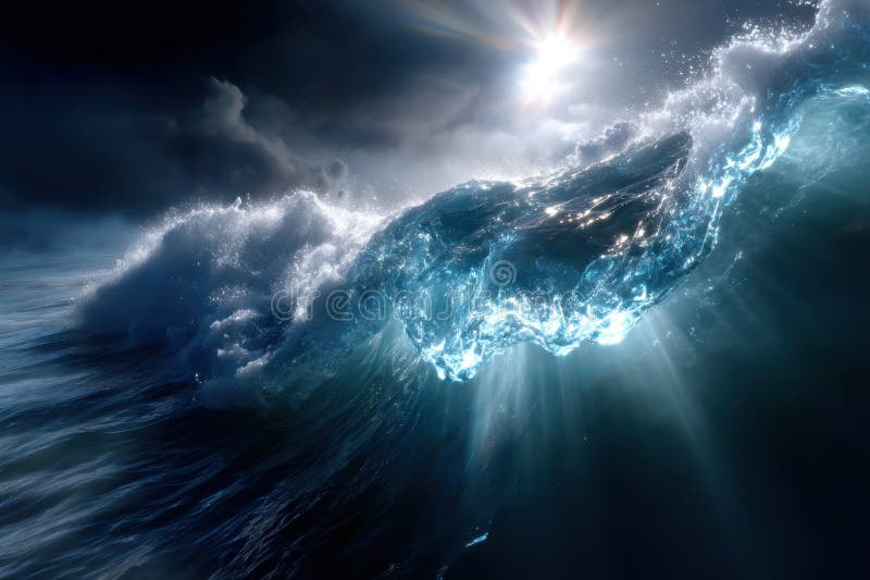 Dynamic Ocean Wave Crashing in Daylight with Rays of Sun Illuminating ...