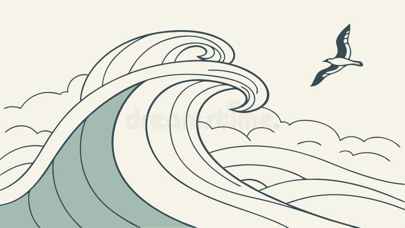Dynamic Ocean Wave with Seagull, Coastal Energy, Vector Design ...