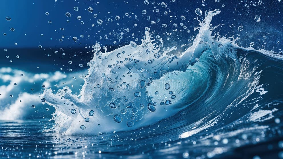 Dynamic Ocean Wave Splashing with Droplets Against a Serene Blue ...