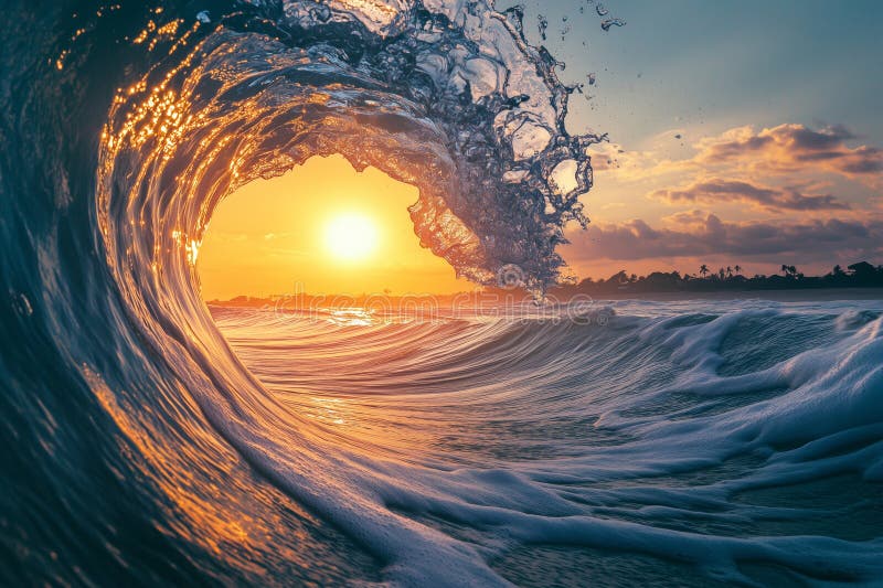 A Dynamic Ocean Wave with the Sun Setting in the Background. Stock ...